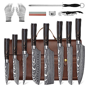 DRAGON ROIT Japanese Knives Set Damascus Pattern Chef Knife Set for Kitchen with Roll Bag, Sharp 14Pcs Stainless Kitchen Knife Set Brown Handle