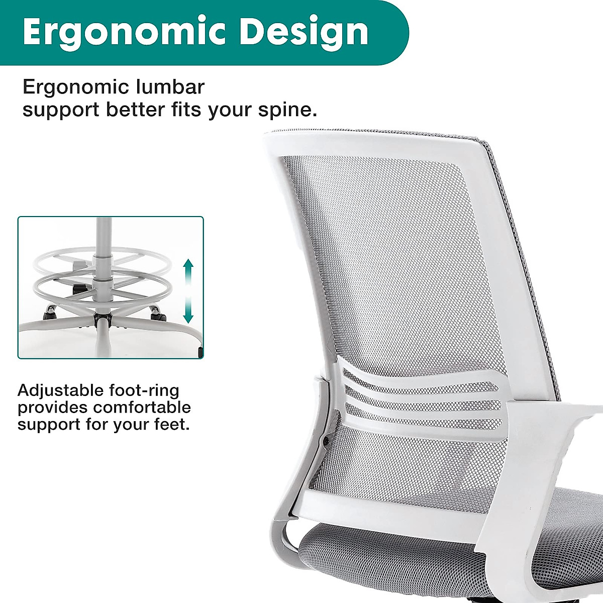 Drafting Chair - Tall Standing Office Desk Chair with Adjustable Foot Ring, Chair with Ergonomic Lumbar Support, Adjustable Height, Breathable Mesh