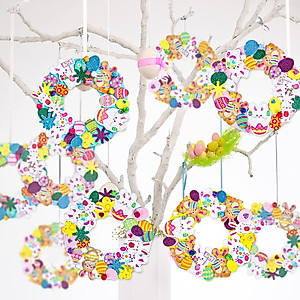 Whaline 12 Sets Easter Foam Stickers Easter Wreath Signs with 400Pcs Cute Bunny Egg Stickers, Rhinestone Sticker, 100Pcs Pom Balls and Yellow Ribbons DIY Foam Wreath Signs for Easter Holiday Party Art