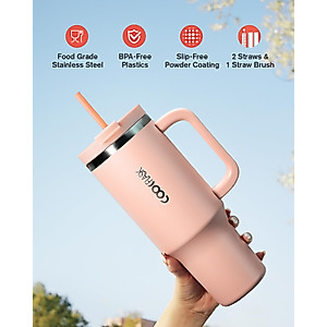 Coolflask 40 oz Pink Tumbler with Handle, Insulated Water Tumbler with Lid and Straw, Coffee Tumbler Travel Mug Stainless Steel Vacuum for Cup Holder, Keep Cold for 24 Hrs/Hot for 12 Hrs