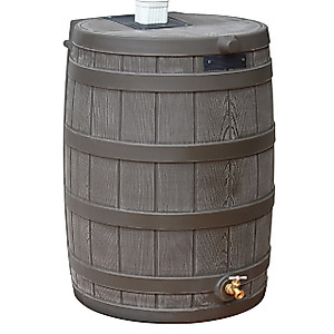 Good Ideas Rain Wizard 50 Gallon Plastic Rain Barrel for Outdoor Rainwater Collection and Storage Features a Metal Spigot and Flat Back Design, Oak