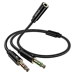 ZOOAUX Headphone Splitter Mic Cable for Computer, 3.5mm Headphone Mic Stereo Y Splitter, Headset 3.5mm Female to 2 Dual Male Microphone Audio Jack Stereo Jack to Gaming Speaker PC Adapter