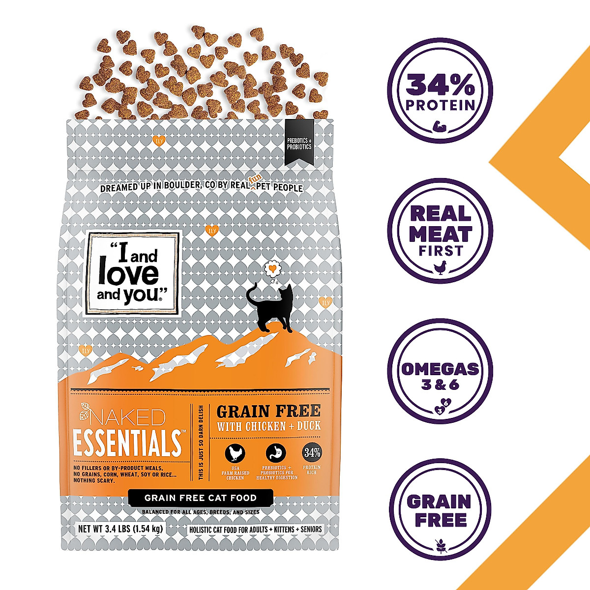 I AND LOVE AND YOU Naked Essentials Dry Cat Food - Chicken + Duck - Grain Free, Real Meat, No Fillers, Prebiotics + Probiotics, 3.4lb Bag (Pack of 2)