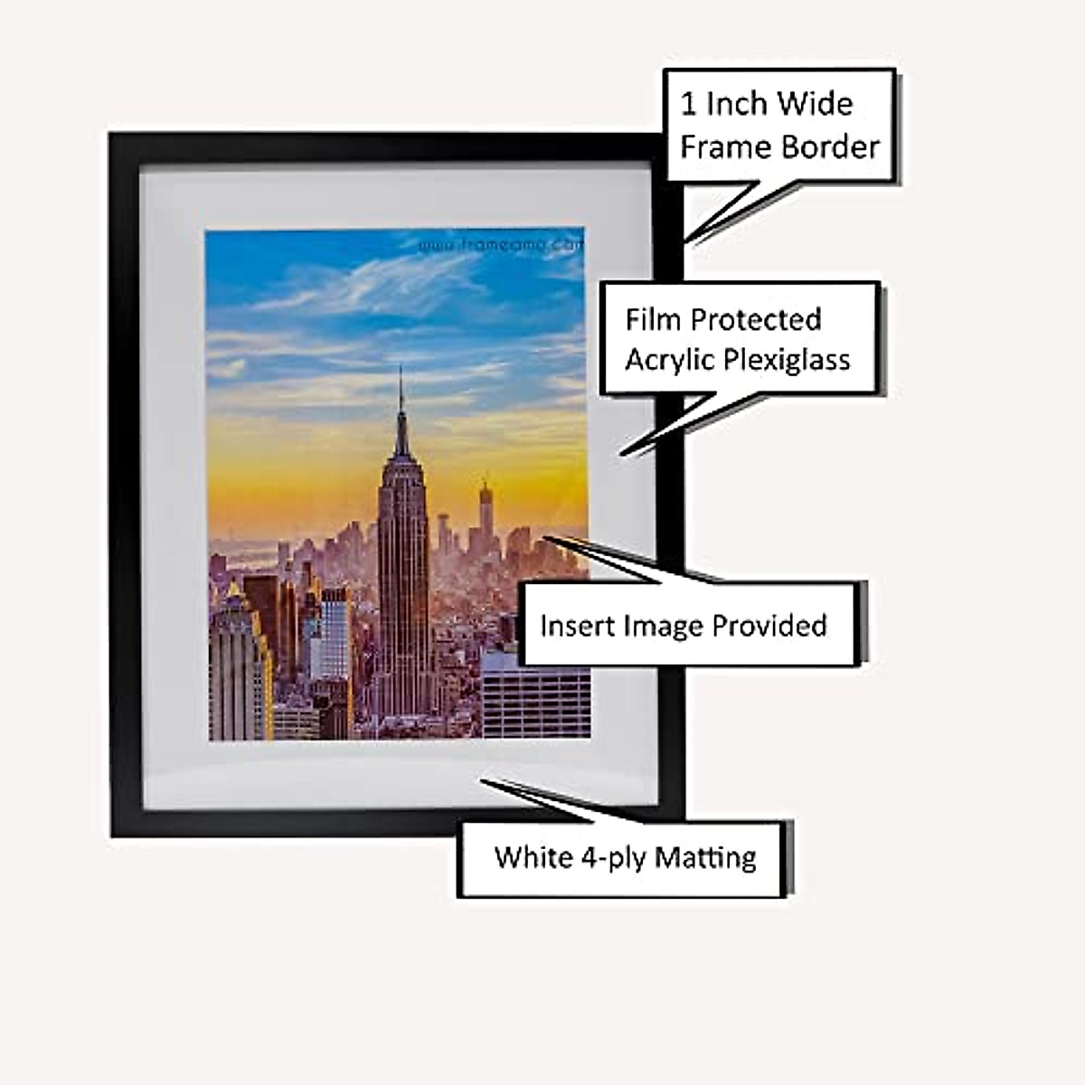 Frame Amo 13x19 Black Picture Frame, White Mat with 10.5x16.5 opening for 11x17 Image, 1 Inch Border, Acrylic Front