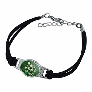 Happy St. Patrick Day Novelty Suede Leather Metal Bracelet - Black