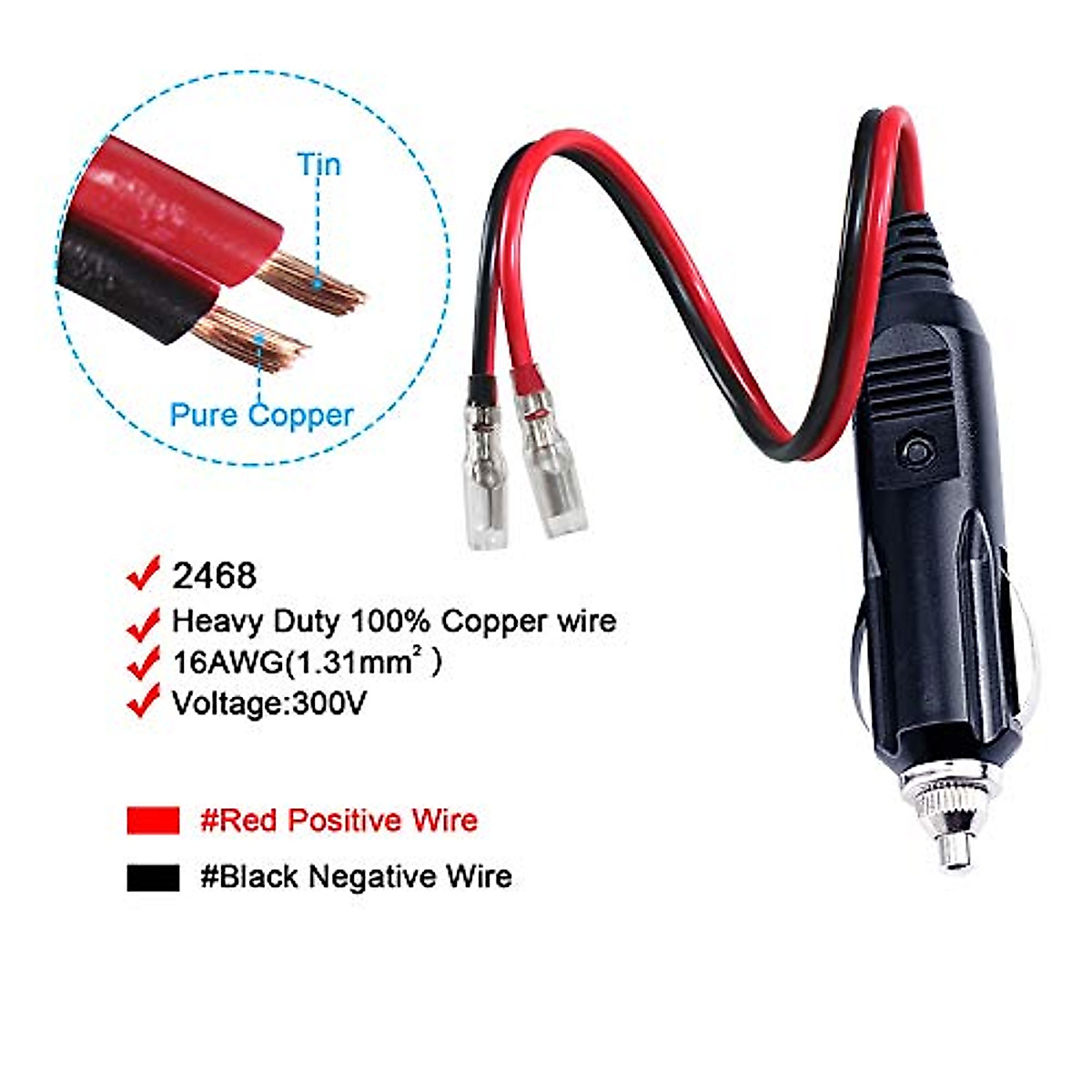 [2 PACK] 12v 12Volt Replacement Cigarette Lighter Male Plug with Leads - Car Adapter Dc Battery Charger Kit Connectors Cigar Plugs Power Supply Accessories Heavy Duty Cord Auto Cable Led Light 15Amp