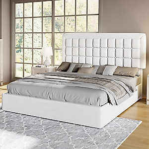 Jocisland Queen Size Bed Frame with Lift Up Under Bed Storage Upholstered Platform Bed with Headboard/No Box Spring Needed/White