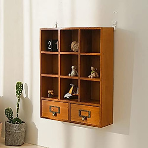 Gdrasuya10 Wooden Floating Shelves, Rustic Shadow Box Display Shelf with 9-Slot Retro Display Storage Rack Shelf with 2 Drawers for Kitchen Bedroom