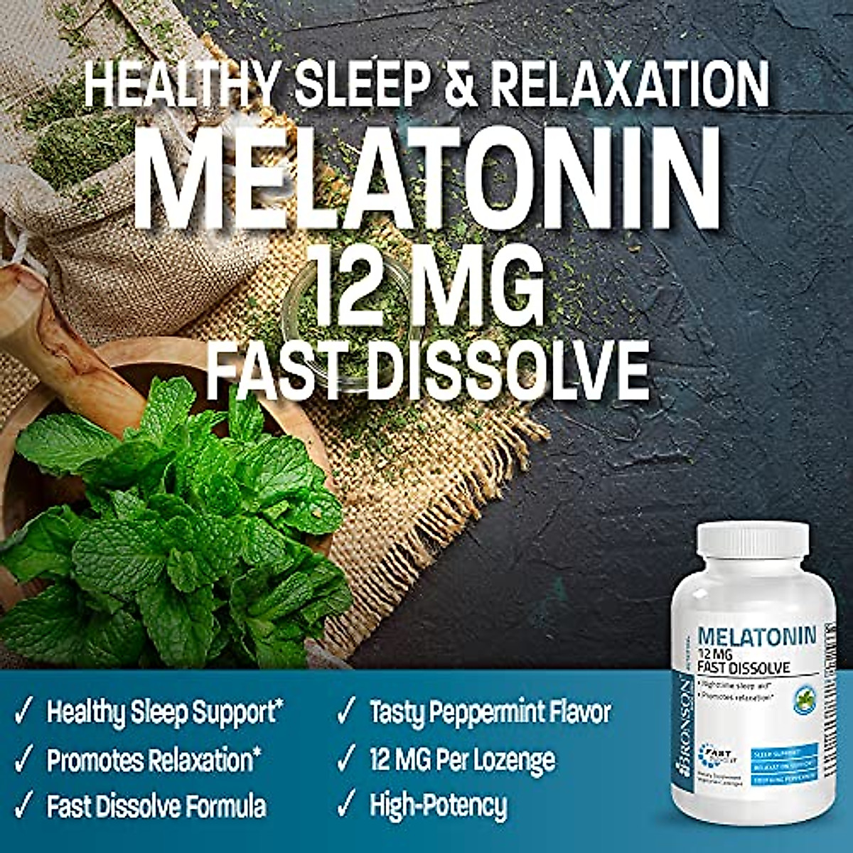 Bronson Melatonin 12mg Fast Dissolve Nighttime Sleep Aid Support & Relaxation Support, 360 Peppermint Vegetarian Lozenges