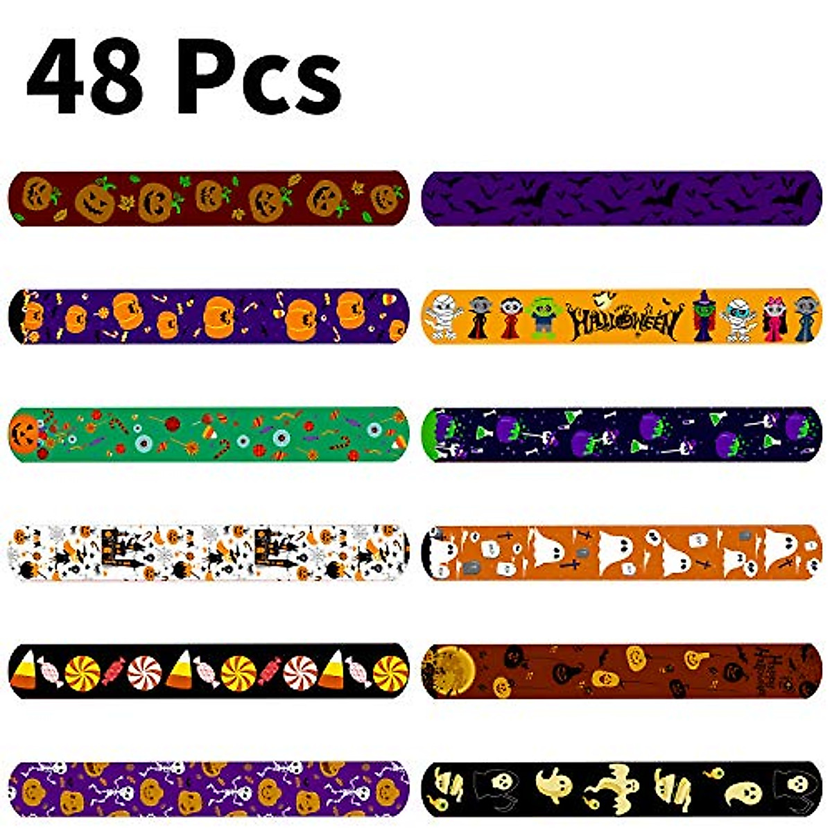 ELCOHO 48 Pieces Halloween Slap Bracelets Toys Assorted Halloween Designs Snap Bracelets Wristbands for Craft Halloween Party Favors Exchanging Gifts
