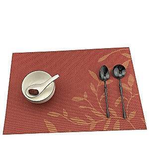 Gugrida Place Mats PVC Set of 6, Table Placemats Set of 6 PVC Woven Vinyl Place Mats Table Mats Natural Color (6 pcs, Oriange Leaves)