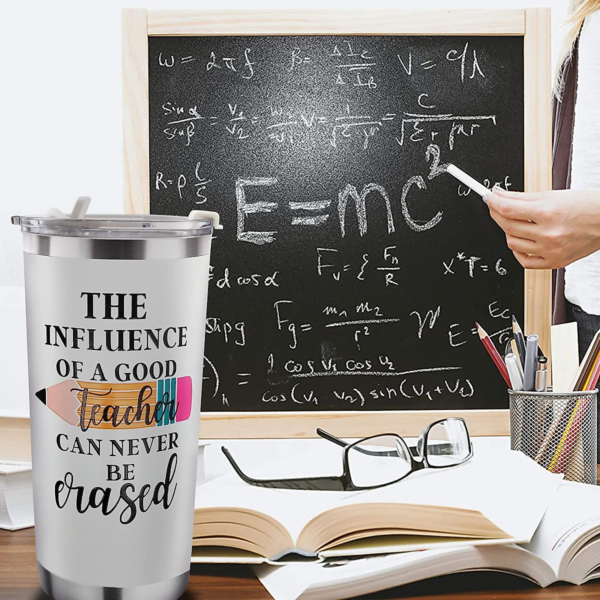 Zzkol 20 oz Influence Of A Good Teacher Can Never Be Erased Back to School Vacuum Double Wall Insulated Tumbler with Lid and Straw, Stainless Steel Travel Coffee Cup Graduation Appreciation Mug Gifts
