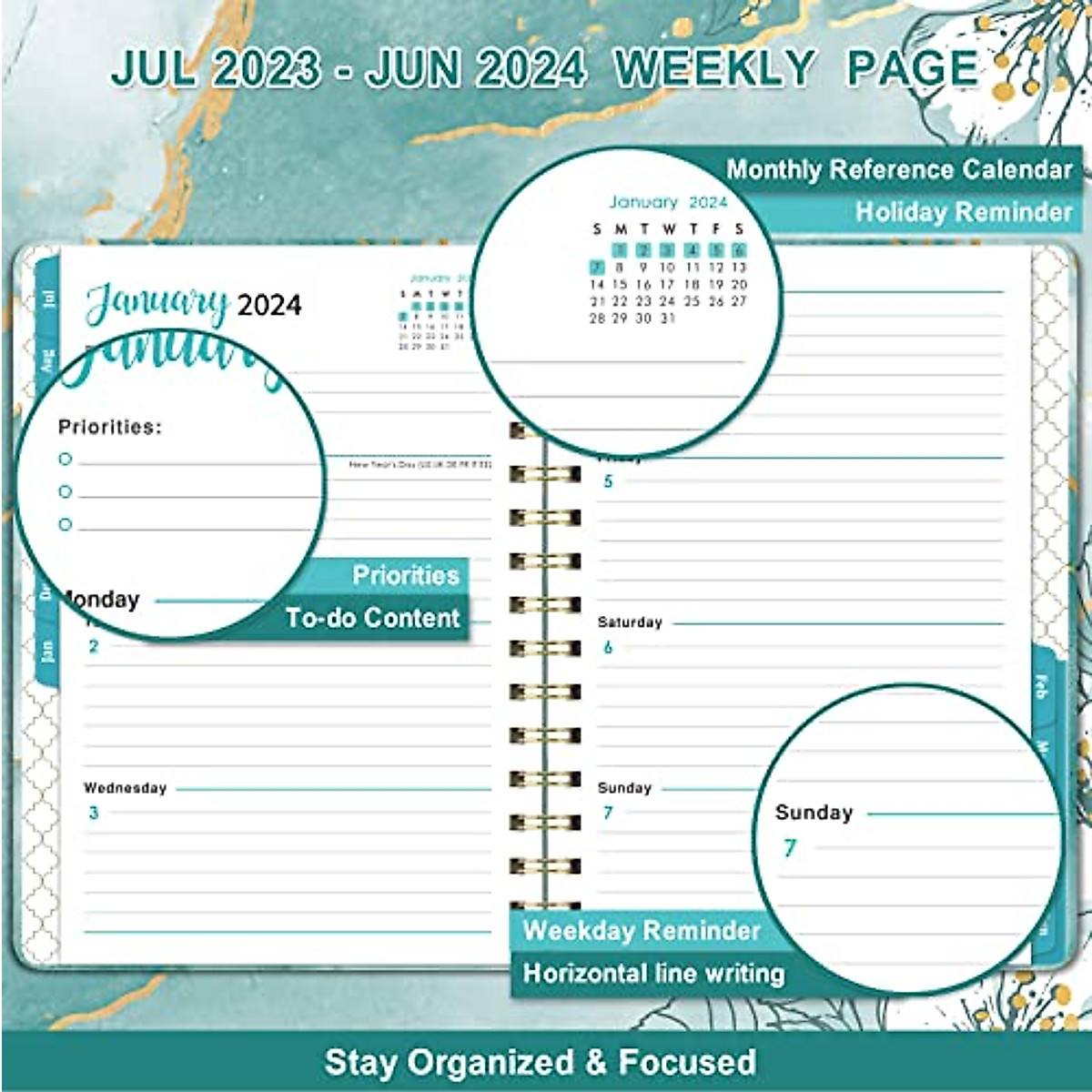 Planner 2023-2024 - July 2023-June 2024, 2023-2024 Academic Weekly & Monthly Planner with Tabs, 6.4" x 8.5", Hardcover with Back Pocket + Thick Paper + Twin-Wire Binding - Green