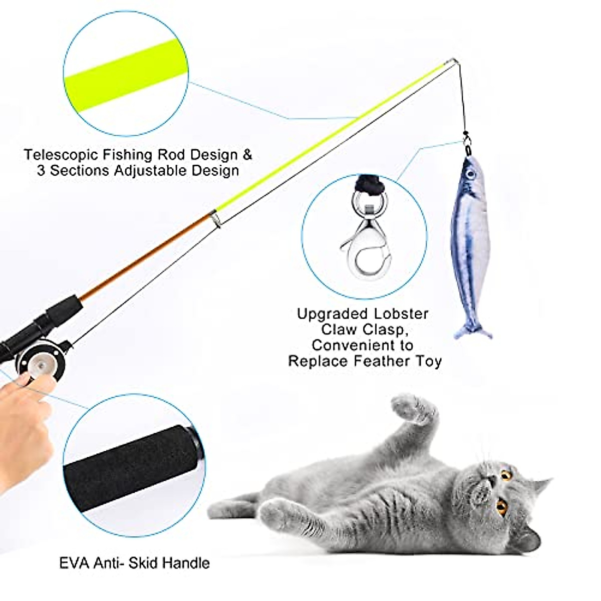 Cat Fishing Pole Toy, 1 Retractable Cat Wand 4 Replacement Attachments with Feathers Fish Dragonfly Caterpillar with Crinkle Paper Interactive Kitten Toys Gifts with Detachable Bells Nylon Rope