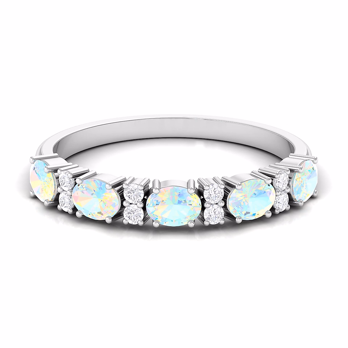 Rosec Jewels Certified Ethiopian Opal and Diamond Half Eternity Ring for Women, 1.50 cttw, Aaa Quality, 14K White Gold, Size:US 6.50