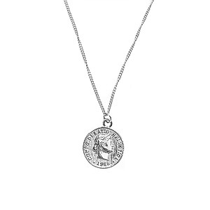 Dtja Carved Coin Pendant Necklace for Women Men 18K White Gold Plated Simple Round Chain Goddess Worship Celebrity Medal Reversible Keepsake Chic Choker Fashion Jewelry Gifts Box