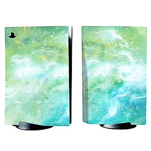 PlayVital Blue Green Watercolour Full Set Skin Decal for ps5 Console Disc Edition, Sticker Vinyl Decal Cover for ps5 Controller & Charging Station & Headset & Media Remote