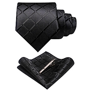 JEMYGINS Plaid Black Tie and Pocket Square Hankerchief Mens Silk Necktie with Tie Clip Sets(2)