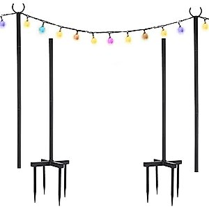 String Light Poles for Outdoor Lights 2 Pack,100 Inch Height Adjustable Metal Stand Pole with Hooks Hanging Lights，Garden, Backyard, Patio Lighting Parties, Wedding (Black)