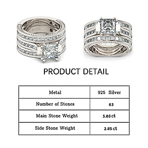 Jeulia 3PC Princess Cut Ring Set: Sterling Silver Halo Diamond Bridal Set Engagement Wedding Band Best Anniversary Promise Valentines Jewelry Gift with Box (White Diamond, 8.5)
