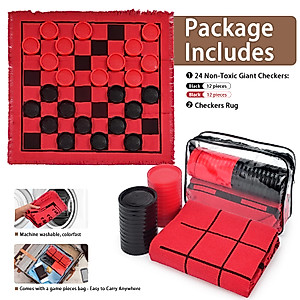 Giant Checkers Board Games, 3 in 1 Tic Tac Toe Board Game with 24 Checker Pieces Reversible Rug - Indoor and Outdoor Games for Family & Party -Gift Ideas for Teen Boys, Kids, Adults