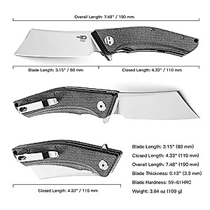 BESTECH KNIVES Cleaver Folding Pocket Knife: 3.15" D2 Steel Stain Stonewashed Cleaver Blade, Micarta Handle, Flipper Liner Lock, for Camping Fishing Hiking Hunting (BG42A Black)