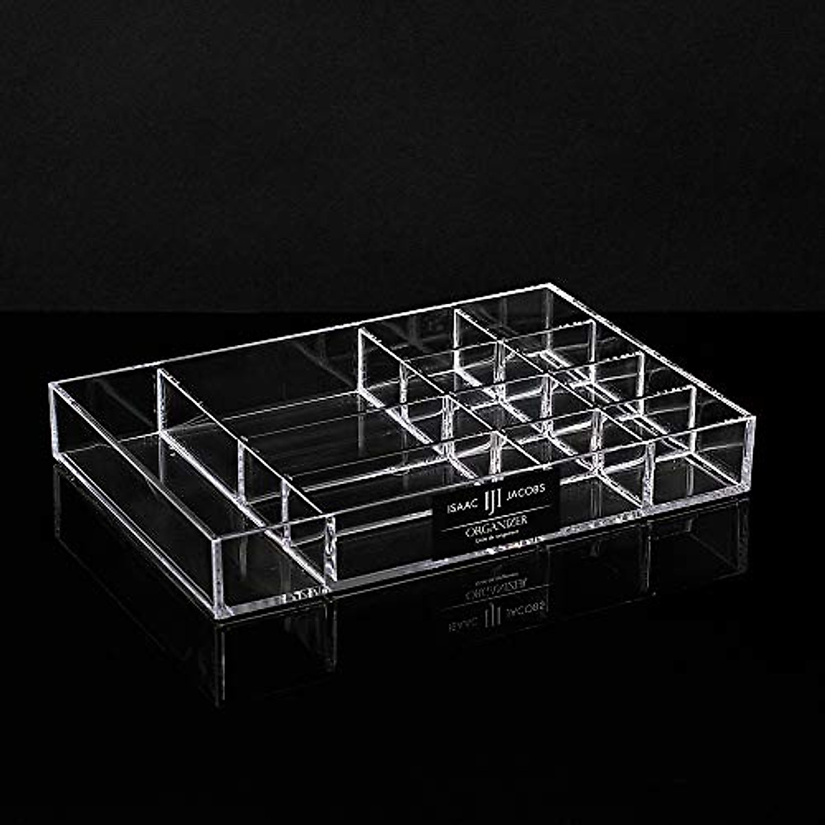 Isaac Jacobs 12-Compartment Clear Acrylic Drawer Organizer (9.4" L x 6.4" W x 1.3" H), Multi-Sectional Tray & Storage Solution for Makeup, School & Office Supplies, Bathroom, Kitchen