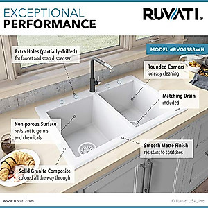 Ruvati 33 x 22 inch Drop-in Topmount Granite Composite Double Bowl Kitchen Sink - Arctic White - RVG1388WH