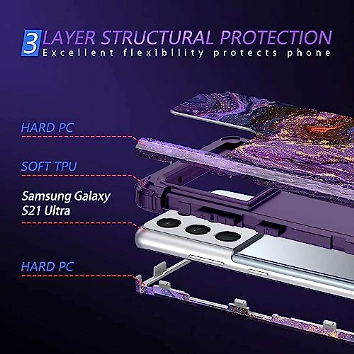 Miqala for Galaxy S21 Ultra 5G Case,Shiny in The Dark Three Layer Heavy Duty Shockproof Protection Hard Plastic Bumper +Soft Silicone Rubber Protective Case for Galaxy S21 Ultra,Deep Purple