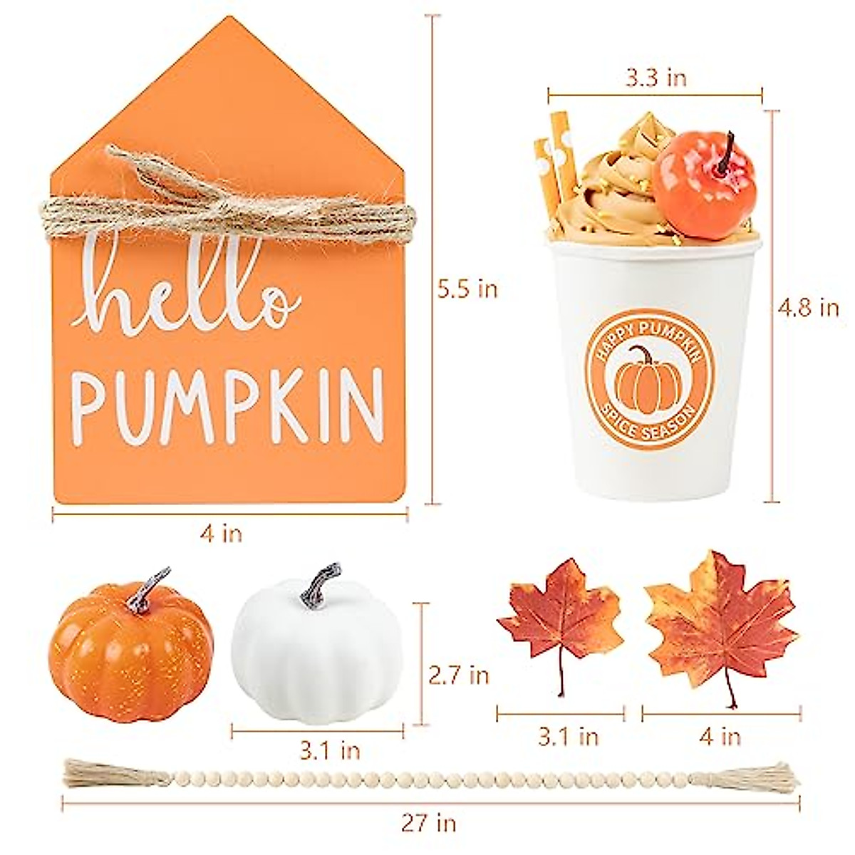 Fall Decor-Fall Decorations for Home-Pumpkin Spice Latte Cups-Artificial Pumpkins-Bead Garland and Wood Sign-Farmhouse Tiered Tray Items for Autumn Thanksgiving Harvest Decoration