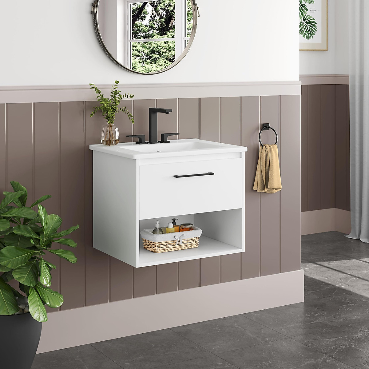 Yaheetech 24" Bathroom Vanity with Sink, Wall Mounted Bathroom Sink Cabinet with 1 Drawer and Open Shelf, Modern Clearance Bathroom Vanities with Sink Combo Set