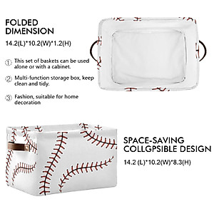 Baseball Stitches Storage Basket Bin Sport Softball Large Fabric Toys Storage Cube Box Set of 2 with Handles Collapsible Closet Shelf Cloth Organizer Basket for Nursery Bedroom Bathroom Playroom
