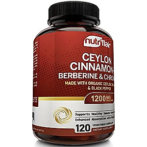 NutriFlair Ceylon Cinnamon, Berberine HCL, Chromium, Black Pepper Extract (Made with True Ceylon Cinnamon) - 1200mg per Serving, 120 Capsules - Lipid Levels, Antioxidant