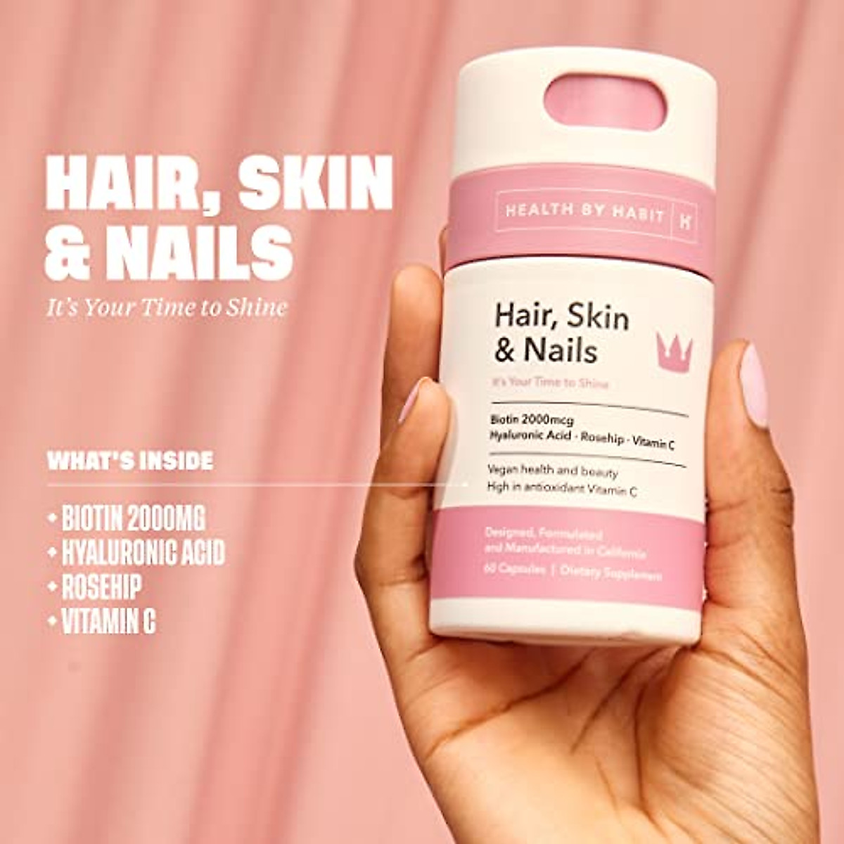 Health by Habit Hair, Skin and Nails Supplement 2 Pack (120 Capsules) - Biotin 2000mcg, Vitamin A, Vitamin B, Vitamin C, Hyaluronic Acid, Rosehip, and Alo Vera, Vegan, Non-GMO, Sugar Free (2 Pack)