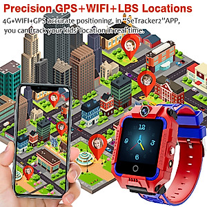 OKYUK 4G Kids Watch Phone T10, Funny 360° Rotation Screen Dual Camera Smart Watch for Boys Girls, IP67 Waterproof, 2-Way Calls, GPS, SOS, Video Calls, Remote Control, Pedometer Smartwatch (Red)