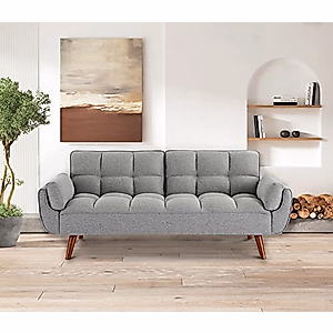 Melpomene Convertible Sofa Sleeper with Armrest,Upholstered Modern Linen Split-Back Futon Sofa Bed with Adjustable Back and Wood Legs,Grey