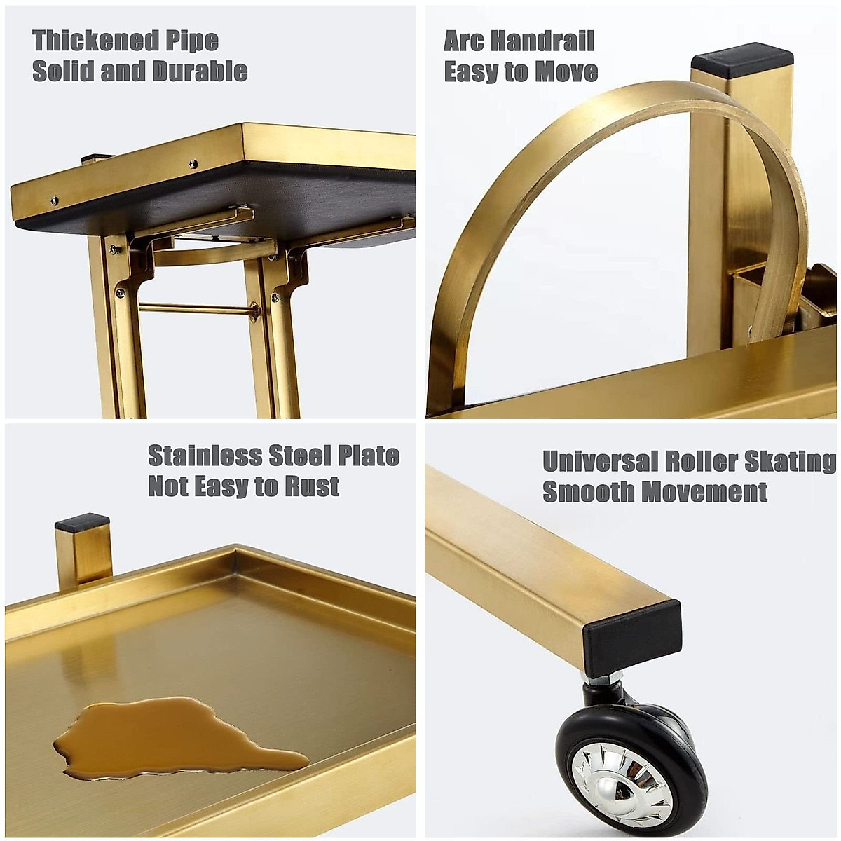 2-Tier Metal Rolling Cart, Stainless Steel Salon Storage Stand with Wheels Trolley Tray Storage Cart Kitchen Storage Trolley Utility for Bedroom Tattoo Shop (Golden)