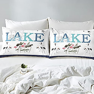 Castle Fairy Lake Life Bedding Set Queen Size,Lotus Flowers Red-Crowned Crane Birds Duvet Cover Set for Children Adult,Chinese Style Painting Soft Comforter Cover for Dorm Room, Zipper, Ties