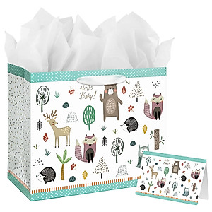 13" Large Baby Gift Bag with Card and Tissue Paper for Baby Shower,Kids Birthday (Woodland Animal)