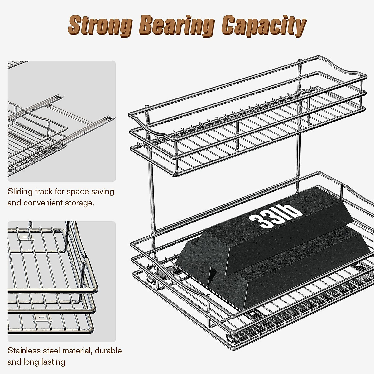 Pull Out Cabinet Organizer, 2 Tier Under Sink Organizers and Storage, Multi Purpose Sliding Cabinet Basket Organizer for Bathroom Kitchen Countertop Stainless Steel Shelf Holder 11.4Wx17.1Dx12.2H-Inch