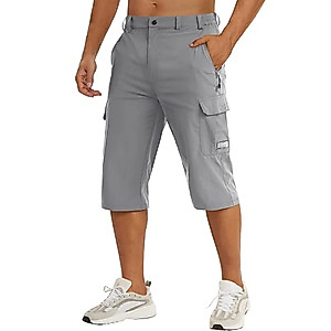 TACVASEN Mens Long Shorts 3/4 Shorts for Men Below Knee Nylon Cargo Shorts Stretch Casual Capri Pants Workout Shorts for Men Gym Outdoor Sports Light Grey