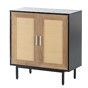 Wekity Rattan Cabinet with Storage, Sideboard Storage Cabinet with 2 Rattan Decorated Doors Fixed Shelf Large Space Wood Cabinet for Living Room Entryway Hallway Dining Room (Black)