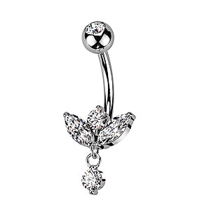 Pierced Owl 14GA 316L Stainless Steel CZ Crystal Marquise with Dangling Gem Belly Button Ring (Silver Tone)