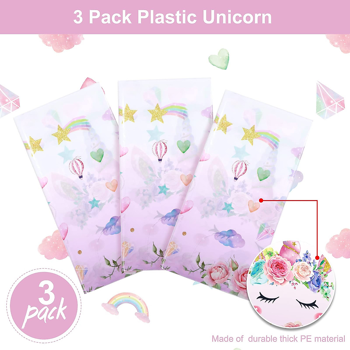 3 Pieces Unicorn Tablecloth Unicorn Table Covers Unicorn Themed Table Cloth Disposable Plastic Magical Unicorn Tablecloth for Birthday Baby Shower Decoration Party Supplies, 108 x 54 Inches