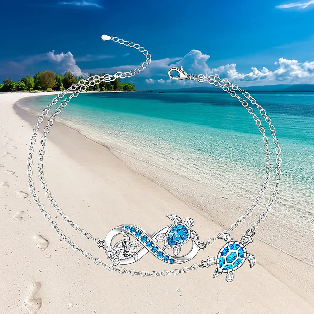 Turtle Anklet Blue Opal Sea Turtle Ankle Bracelets for Women Sterling Silver Infinity Wave Ocean Beach Summer Foot Bracelet Jewelry Layered Adjustable
