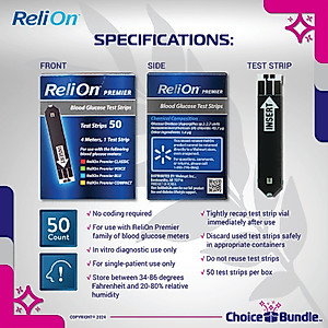 ReliOn Reli On Premier Blood Glucose Test Strips 50 Ct Choice Bundle | + Food for Life Guide & Portable Pill Container (3 Items)!