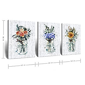 Rustic Flower Canvas Wall Art for Living Room 3 Piece Floral Bouquet in Vase with Rope Love Home Life Theme Inspirational Artwork Framed Botanical Print for Home Bedroom Bathroom Farmhouse,12x16inch