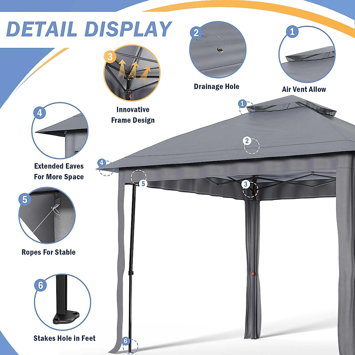 UDPATIO 11x11 Pop Up Gazebo Canopy Tent, Patio Outdoor Gazebo Tent with Mosquito Netting Outdoor Canopies for Shade and Rain for Lawn, Garden, Backyard and Deck, Grey