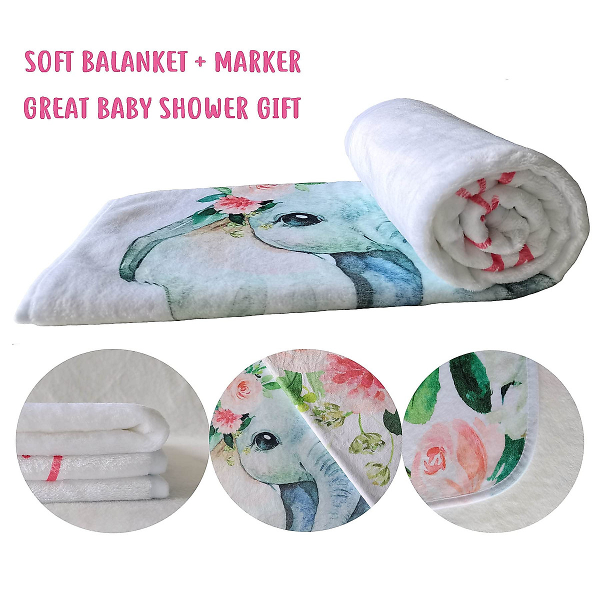 Popfavors Floral Elephant Baby Monthly Milestone Blanket, Jungle Elephant Girl's Soft Fleece Monthly Milestone Blanket , Girl Elephant Nursery Infant Newborn, Includes Marker (White, 50x40 inch )