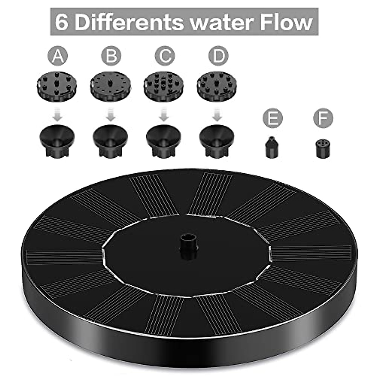 Solar Fountain for Bird bath, 2.5W Solar Water Fountain Pump with 6 Nozzles, Solar Panel Kit Water Fountain for Garden, Pond, Pool, Patio, Fish Tank, Outdoor